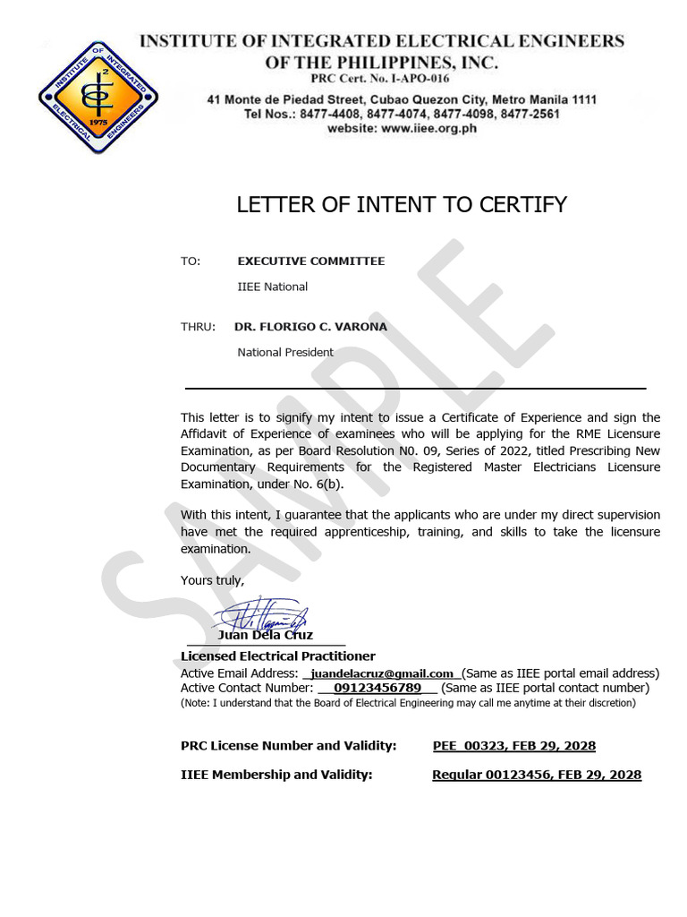 (Annex 1) - LEP Letter of Intent To Certify - SAMPLE ONLY | PDF