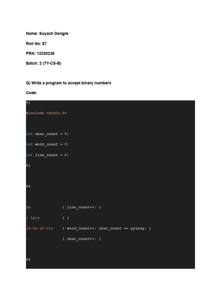 Compiler Design Assignment Program To Accept Binary Numbers Using FLEX | PDF