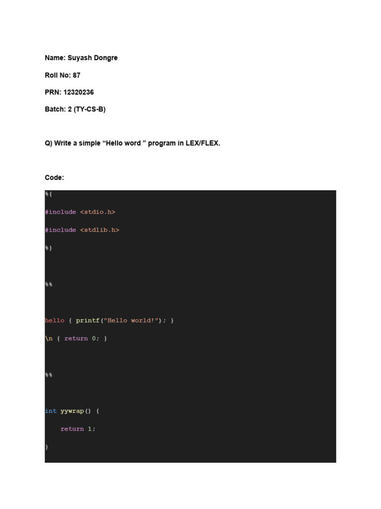 Compiler Design Assignment Write A Simple "Hello Word " Program in LEX ...