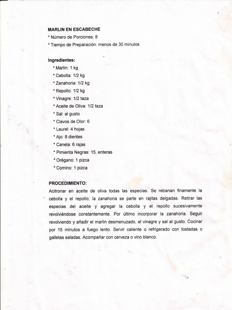 Receta Marlin en Escabeche | PDF