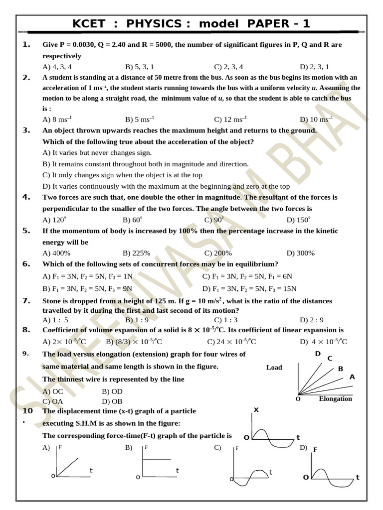 KCET Physics Model Paper 1 Questions | PDF | Force | Magnetic Field
