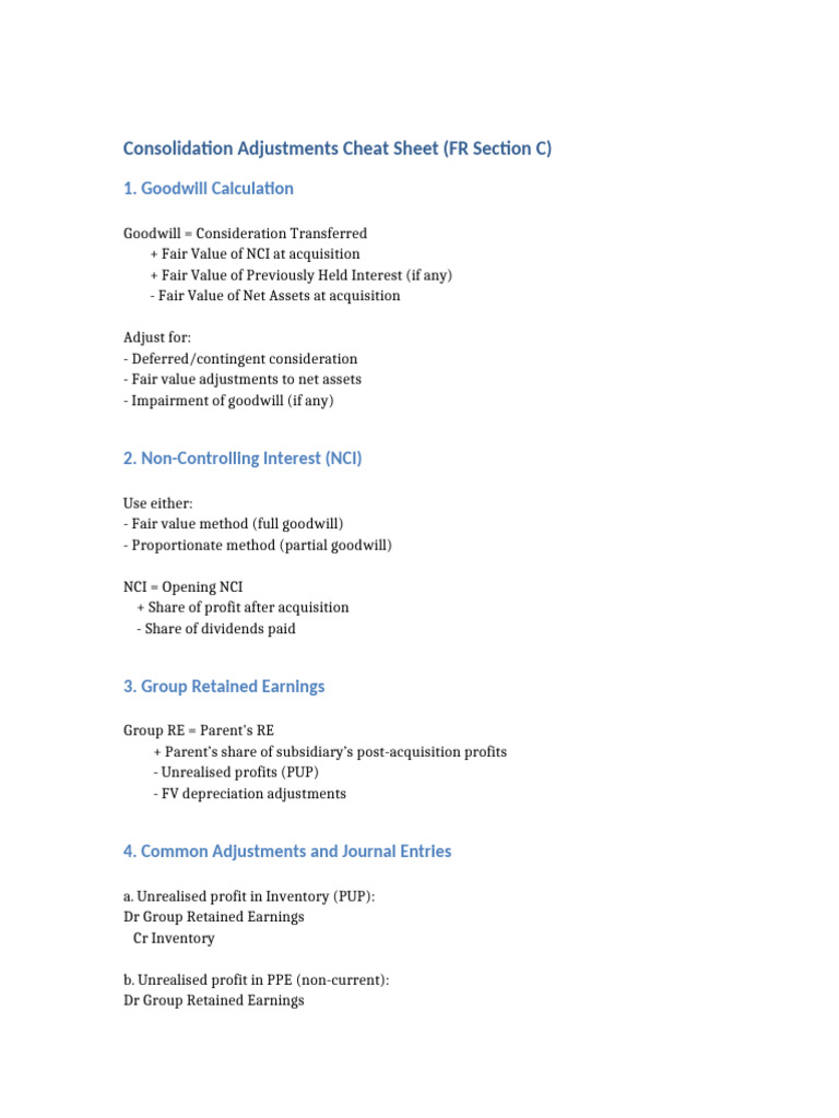 Consolidation Adjustments Cheat Sheet FR | PDF