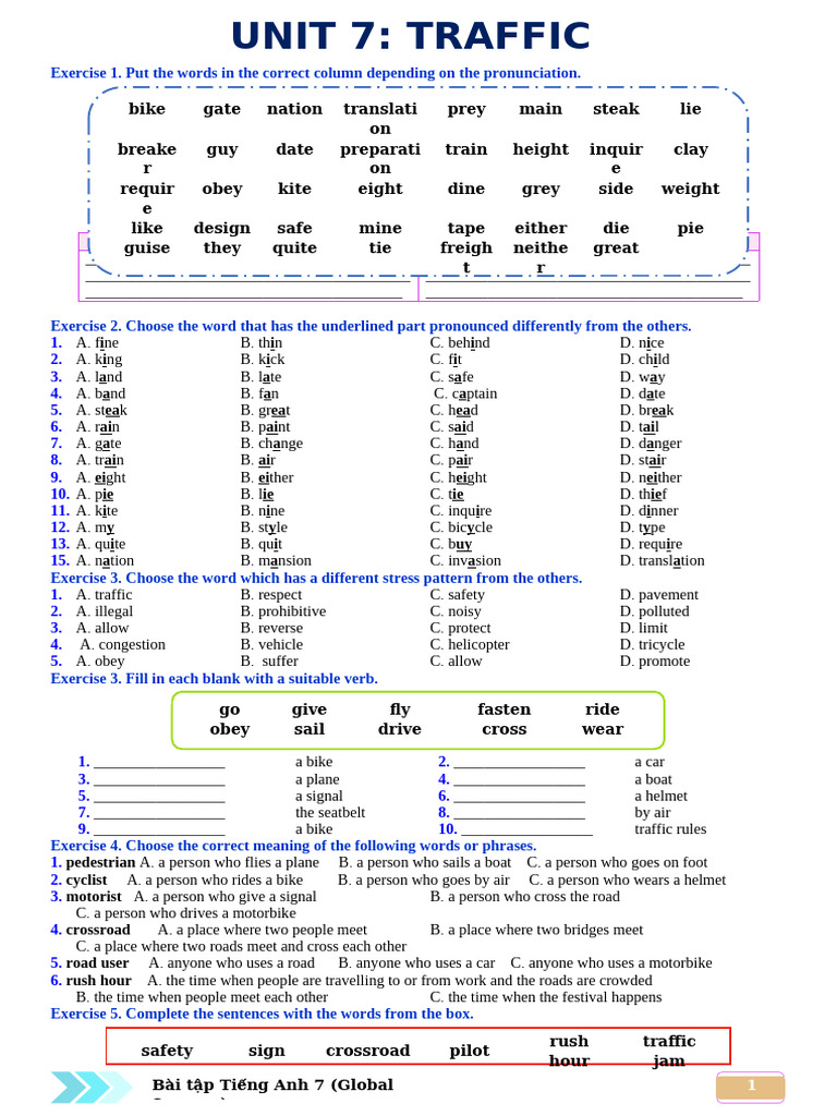 Bài Tập Anh 7 Global Trường Thành Unit 7 (HS) | PDF | Traffic | Traffic Light