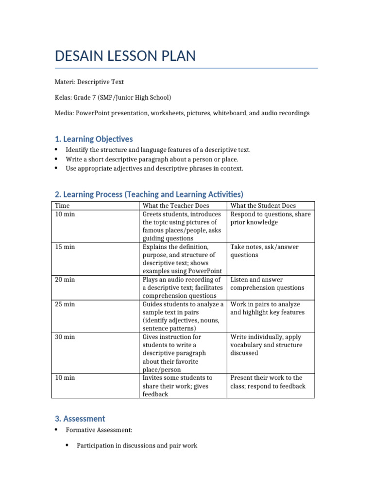 Lesson Plan Descriptive Text Grade7 | PDF | Reading Comprehension ...