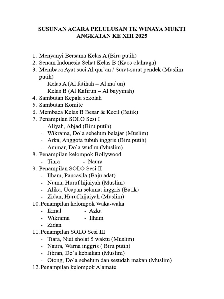Susunan Acara Pelulusan TK Winaya Mukti Angkatan Ke Xiii 2025 | PDF