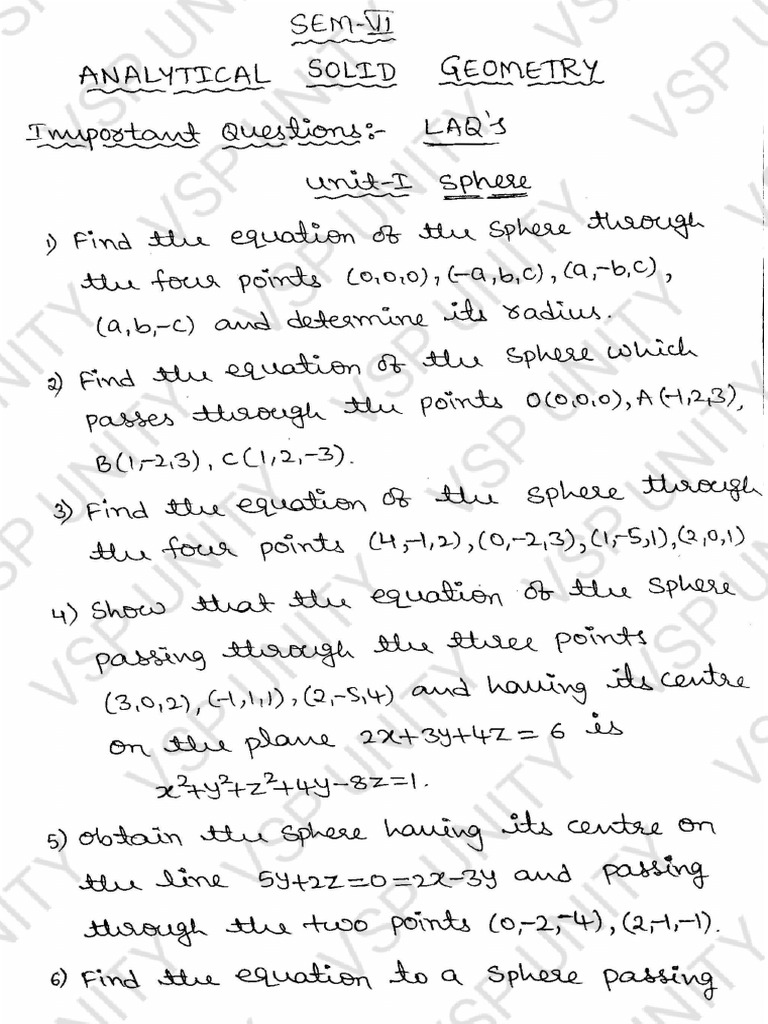 Analytical Solid Geometry Important Questions Sem6 | PDF