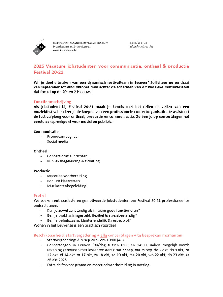Festival20 21 Vacature Jobstudenten 2025 | PDF