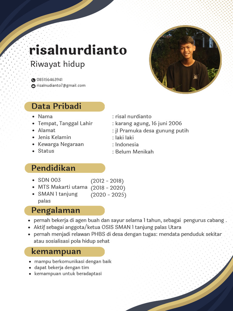 Biru Tua Emas Modern Profesional Lulusan Baru CV Resume Riwayat Hidup ...