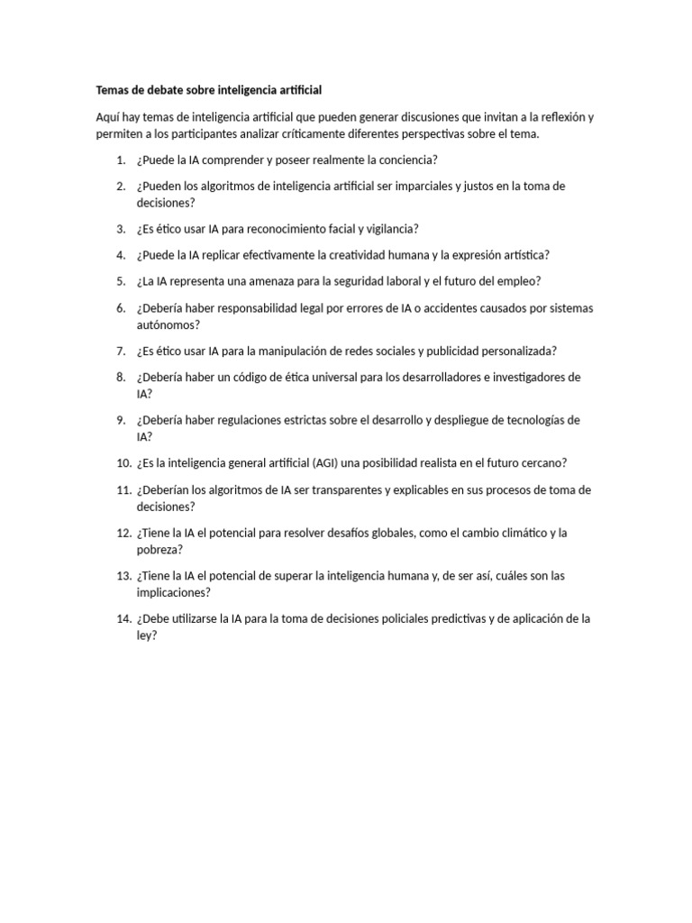 Temas de Debate Sobre Inteligencia Artificial | PDF