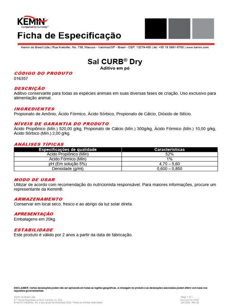 Aditivo Sal CURB® Dry para Alimentação Animal | PDF