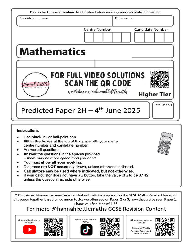 Predicted Paper 2H (Hannah Kettle) | PDF | Arithmetic | Mathematics
