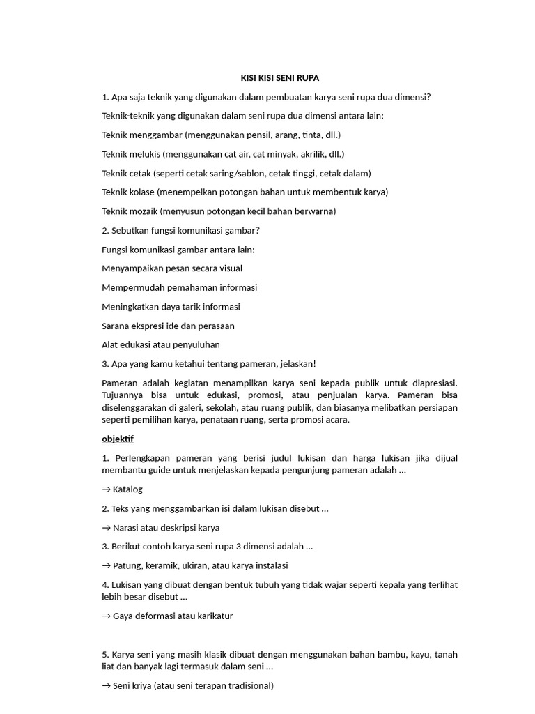 Kisi Kisi Seni Rupa SM 2 | PDF