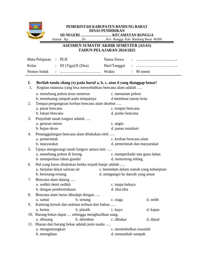 Naskah Soal Asas 2 PLH Kelas 3 2025 | PDF