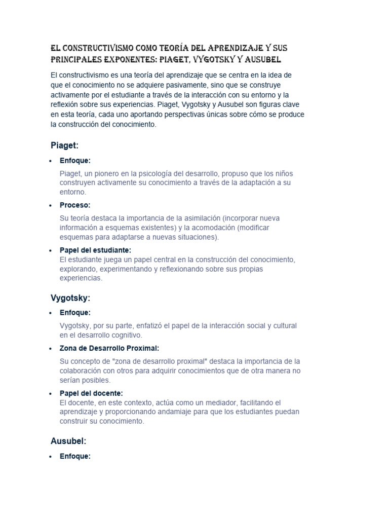 El Constructivismo Como Teoría Del Aprendizaje y Sus Principales ...