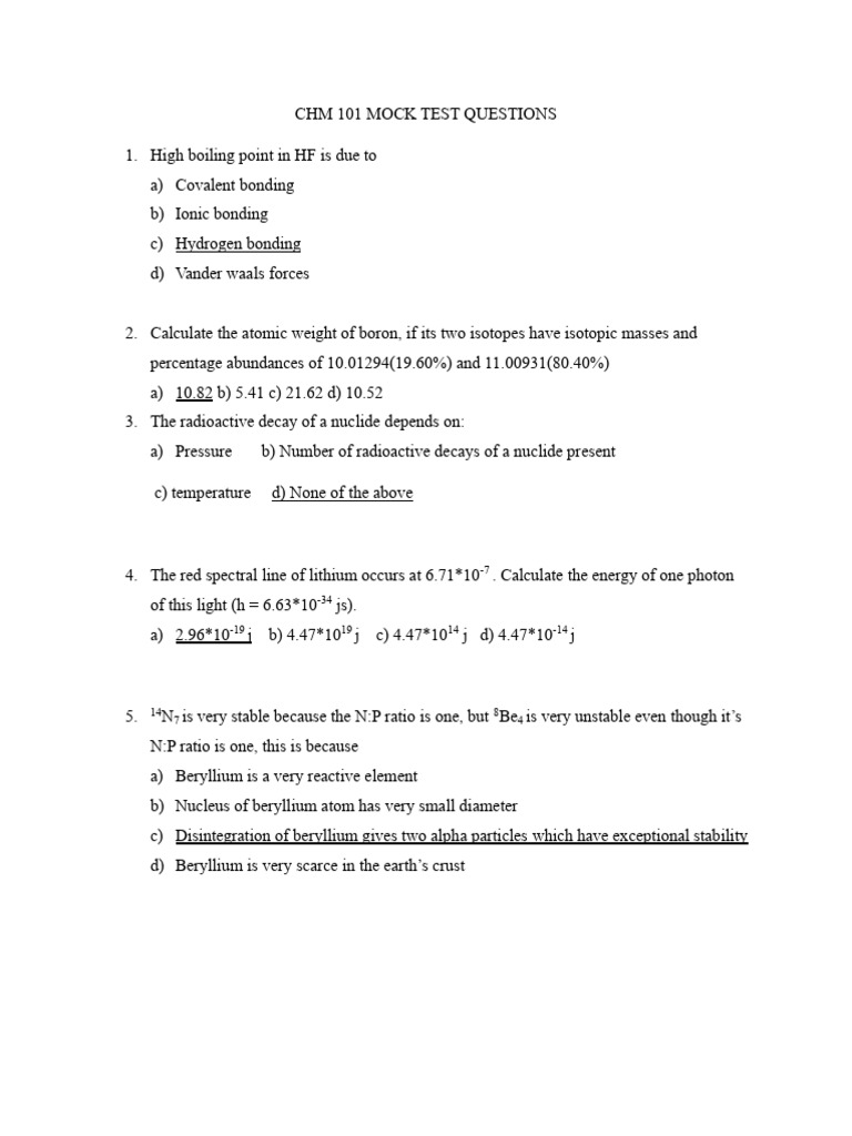 Varlc CHM 101 Mock Test Questions | PDF | Isotope | Chemical Bond