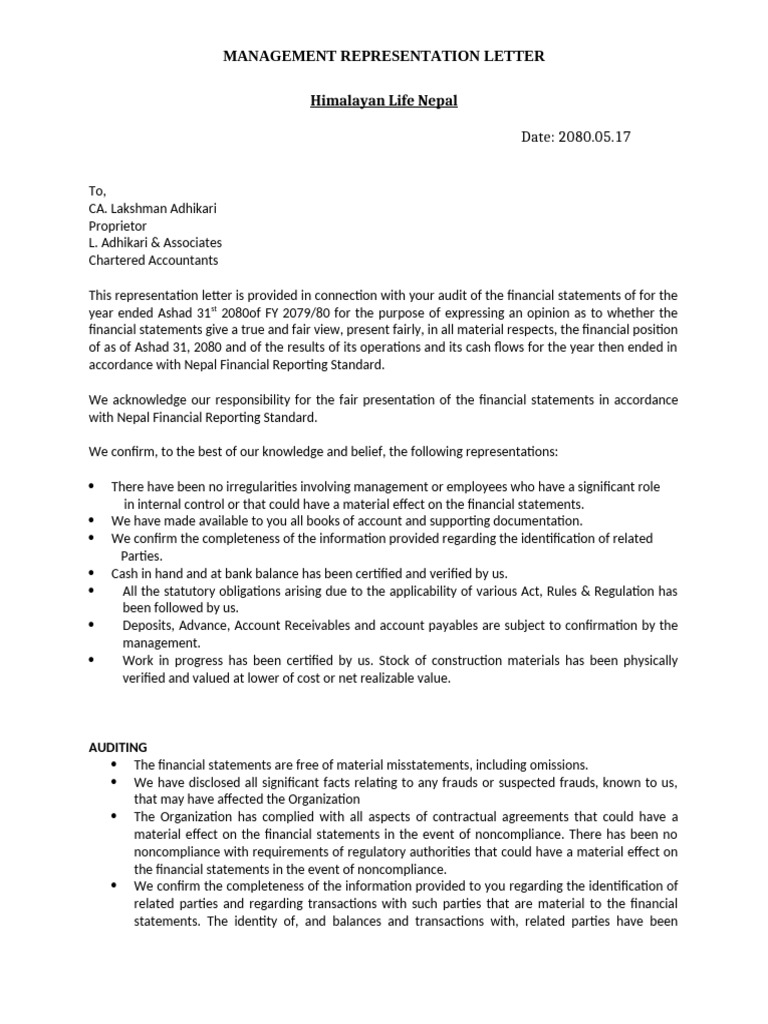 Management Representation Letter | PDF | Audit | Financial Services