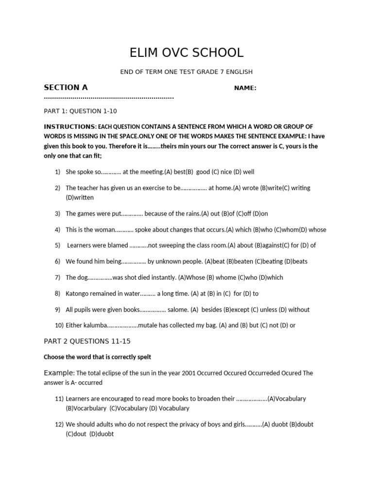English Test Elim Ovc School-Wps Office | PDF