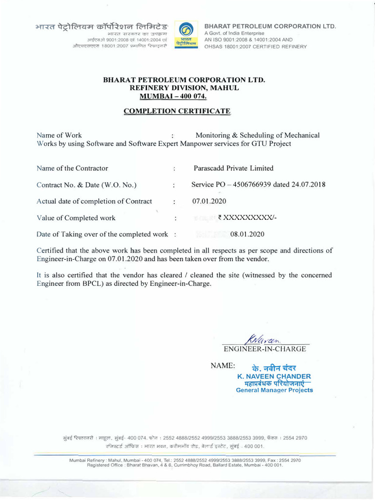 BPCL Work Compl. Certificate | PDF