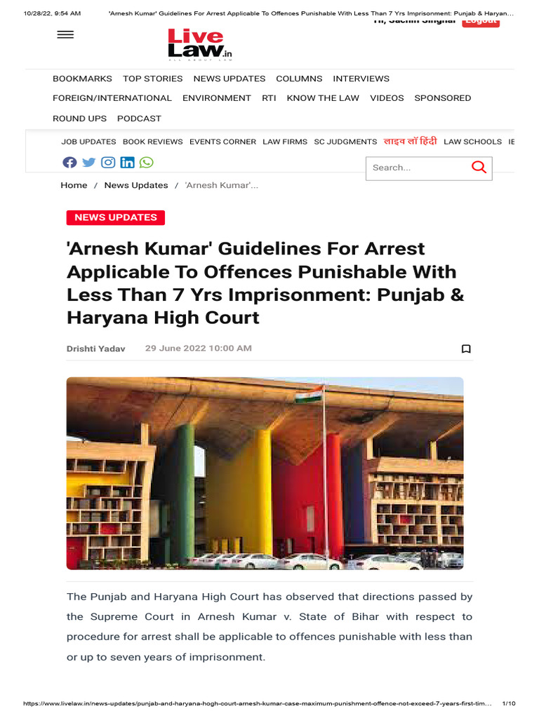'Arnesh Kumar' Guidelines For Arrest Applicable To Offences Punishable With Less Than 7 Yrs ...