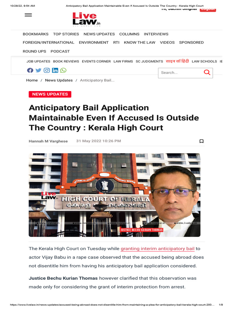 Anticipatory Bail Application Maintainable Even If Accused Is Outside The Country - Kerala High ...