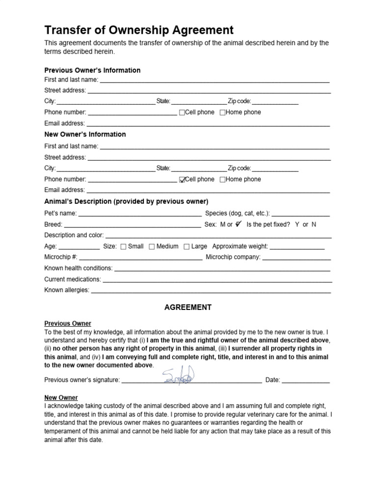 Transfer of Ownership Agreement | PDF | Subspecies Of Canis Lupus ...