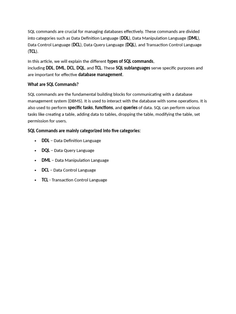 SQL Commands Are Crucial For Managing Databases Effectively | PDF | Sql | Databases