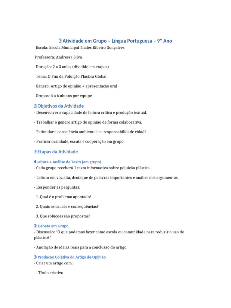 Atividade Grupo LP 9ano MeioAmbiente | PDF