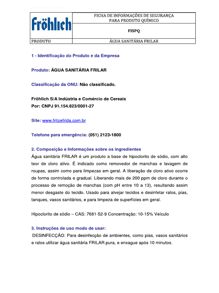 FISPQ - Agua Sanitaria FRILAR | PDF