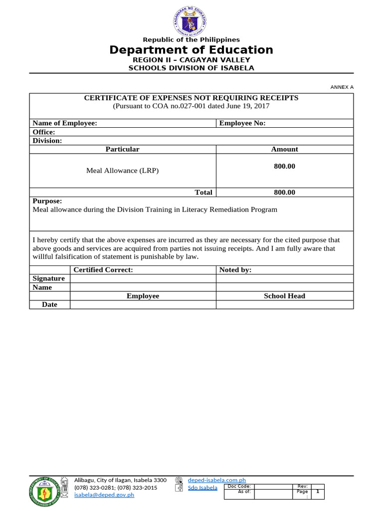 Certificate of Expenses for DepEd | PDF