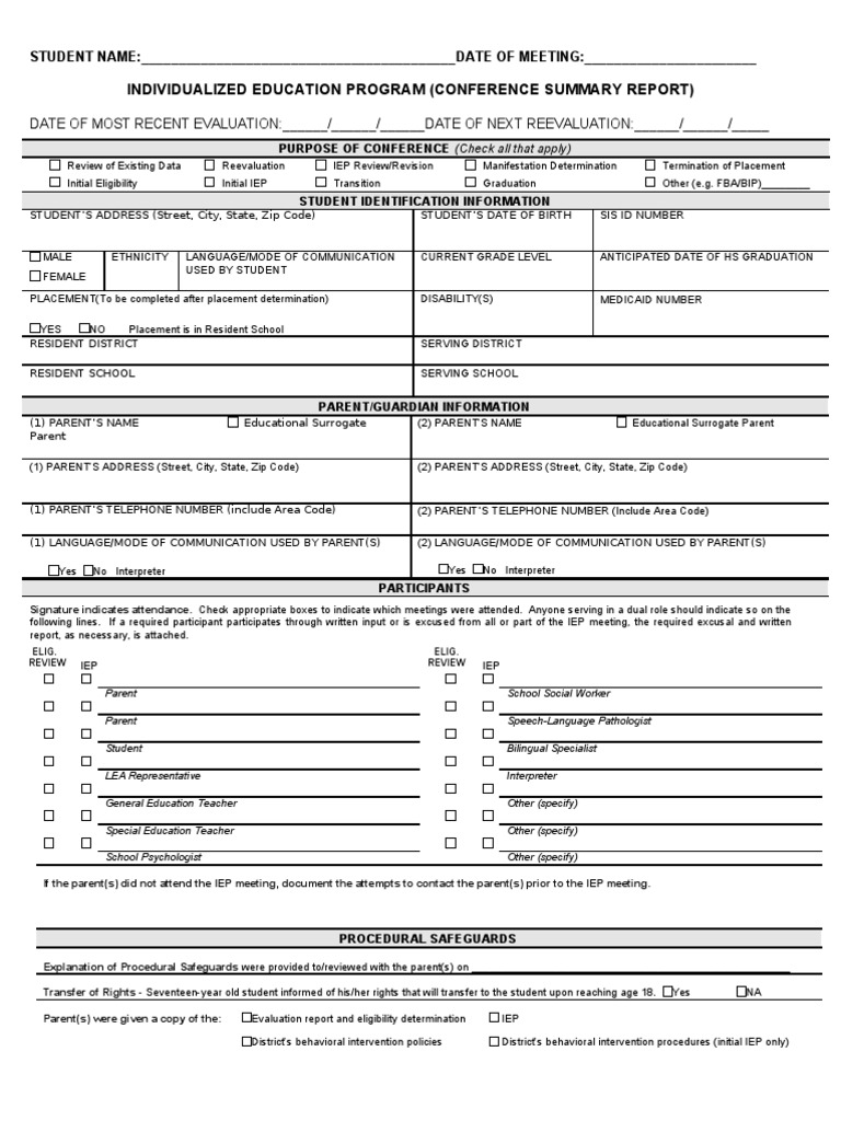 IEP Conference Summary Report Template | PDF | Individualized Education ...