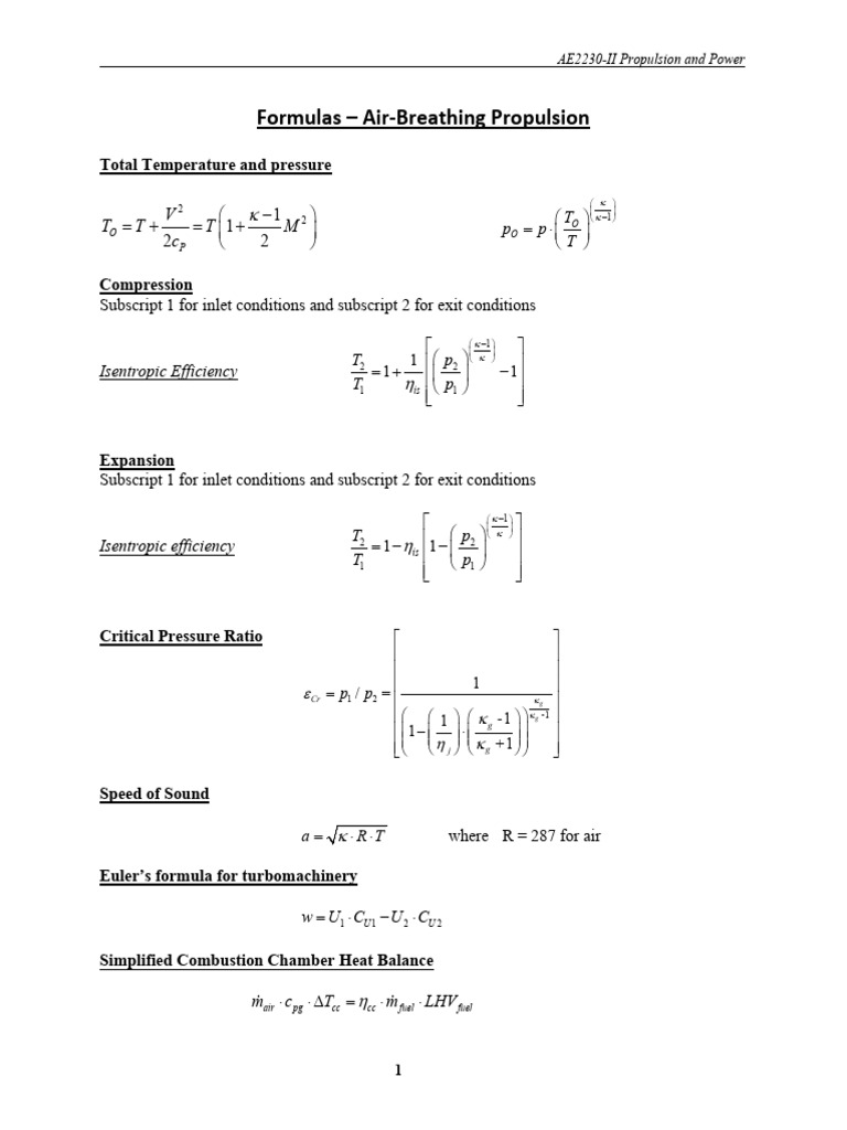 Formula Sheet For Exam - AirBreathing Propulsion | PDF | Energy Technology | Gases