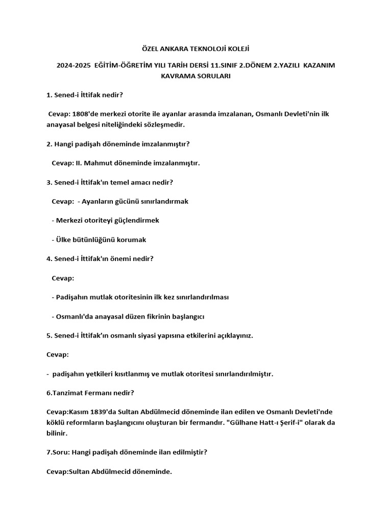 11.sinif Tari̇h Dersi̇ Konu Kavrama Sorulari | PDF