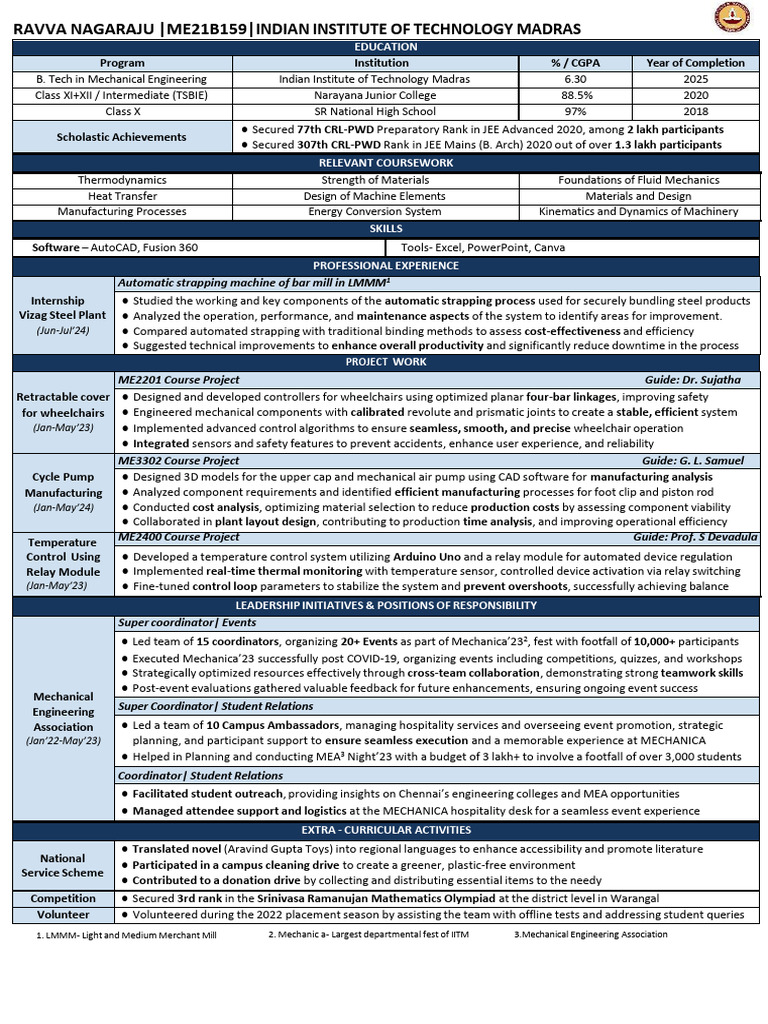 Resume R.nagaraju Me21b159 | PDF | Mechanical Engineering | Machines