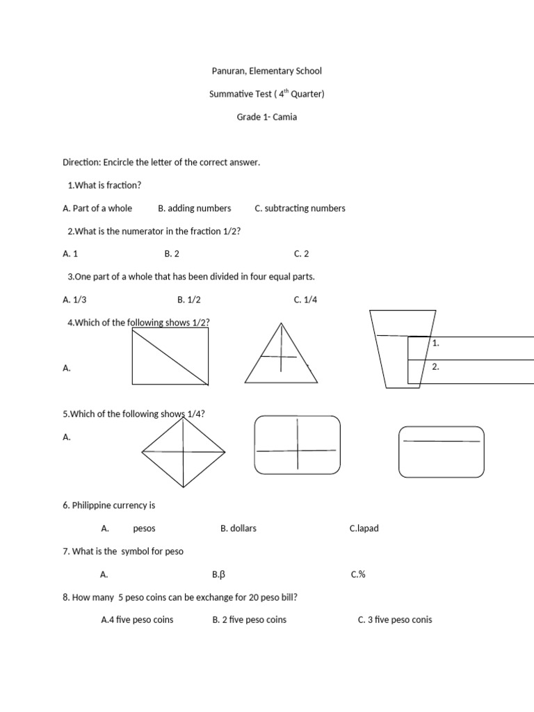 4th Summative Test Math | PDF | Money | Coins