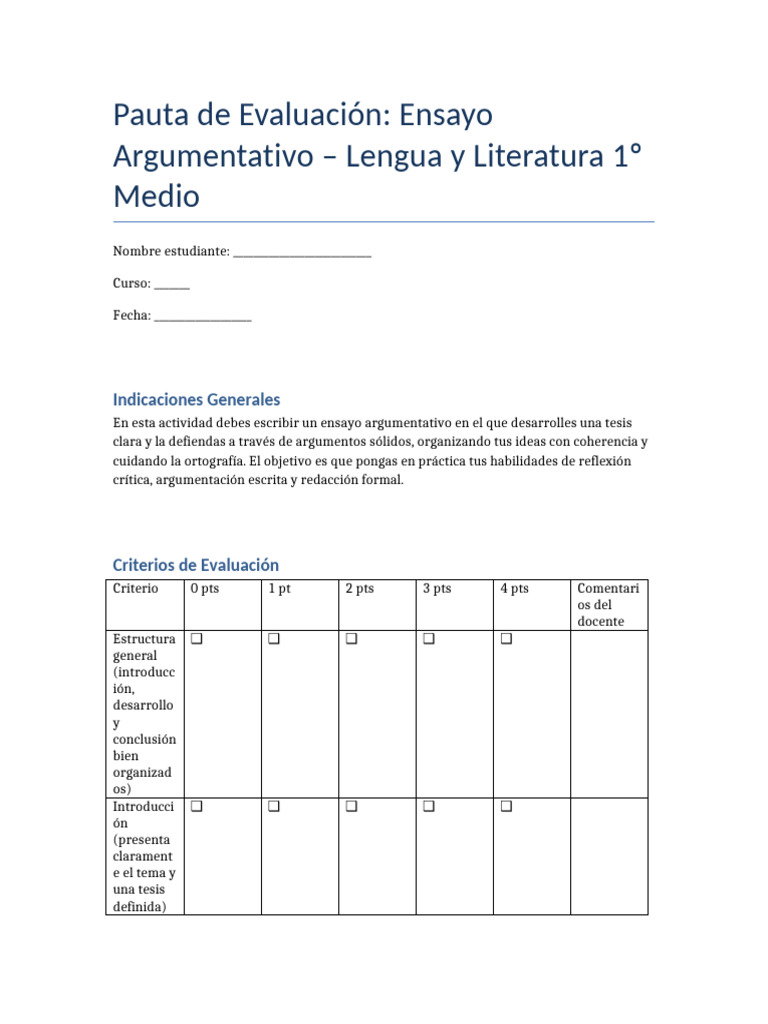Pauta Evaluacion Ensayo 1M | PDF