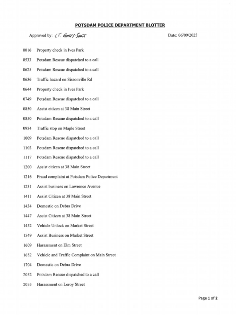 Potsdam Village Police Department Blotter June 9, 2025 | PDF