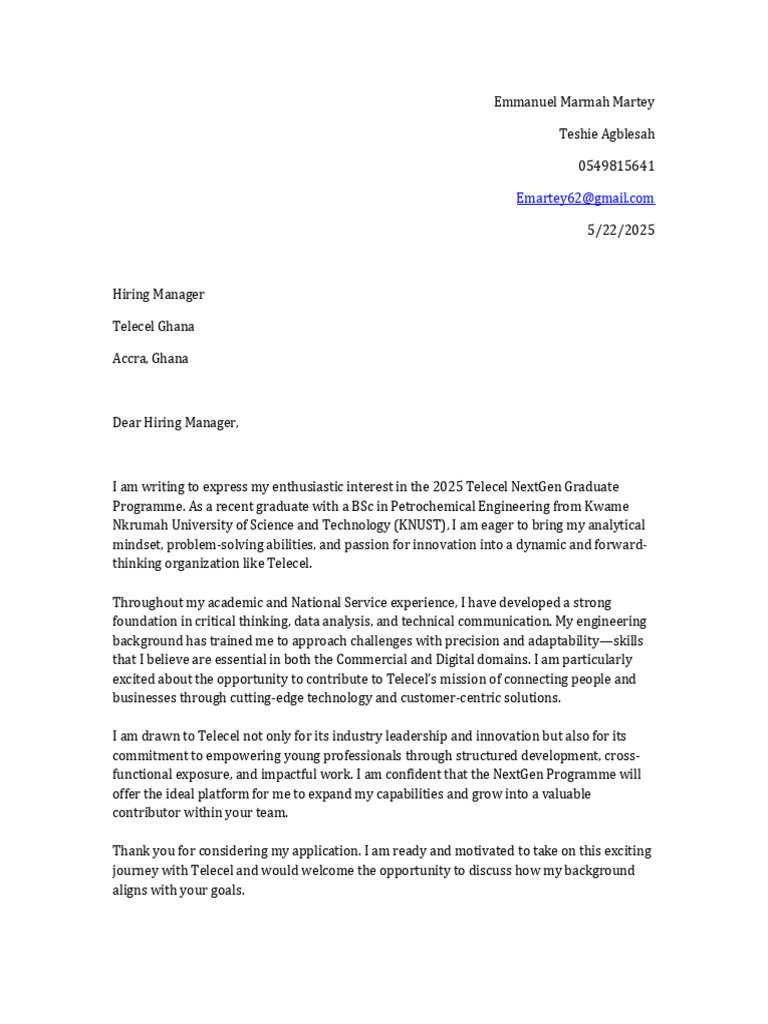 Telecel NextGen Cover Letter | PDF