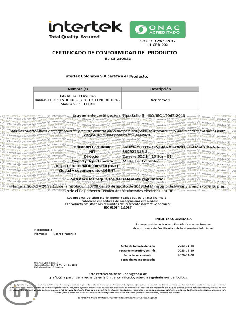 REVCP0001 Certificado RETIE Intertek EL-CS-230322 - Canaletas PVC VCP Electric | PDF | Colombia ...