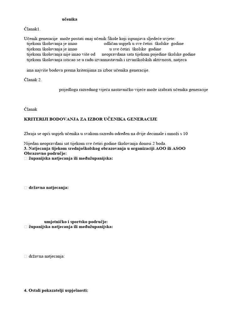 Kriteriji Za Odabir Učenika Generacije | PDF