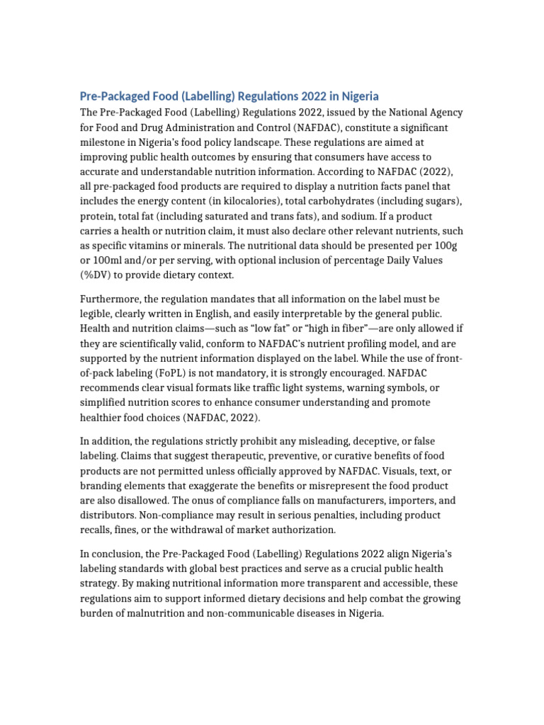 Pre-Packaged Food Labelling Regulations 2022 Report | PDF | Nutrition ...