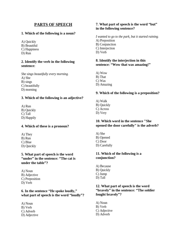 Parts of Speech Questions | PDF | Part Of Speech | Adverb