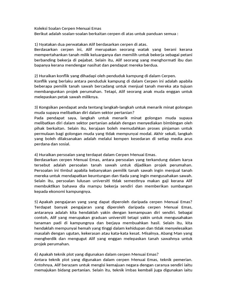 Koleksi Soalan Cerpen Menuai Emas | PDF