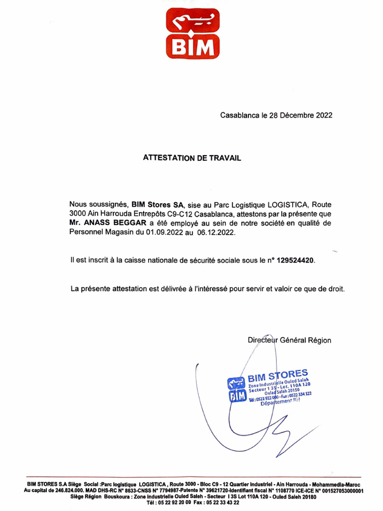 Attestation de travail - BIM Stores SA | PDF
