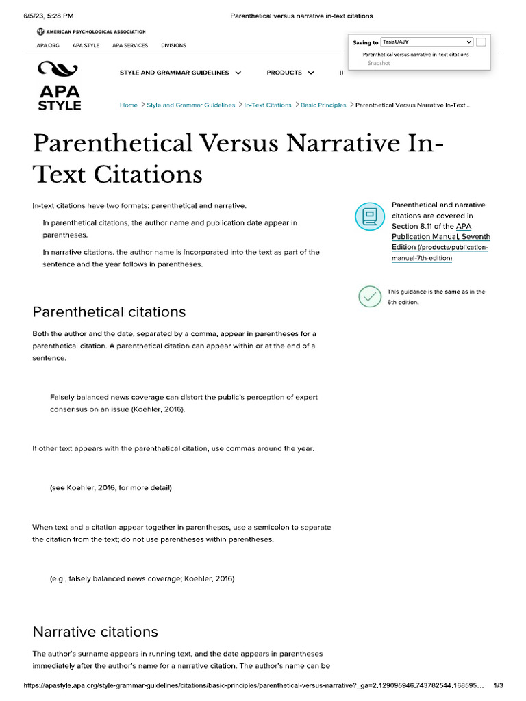 Parenthetical Versus Narrative in Text Citations | PDF