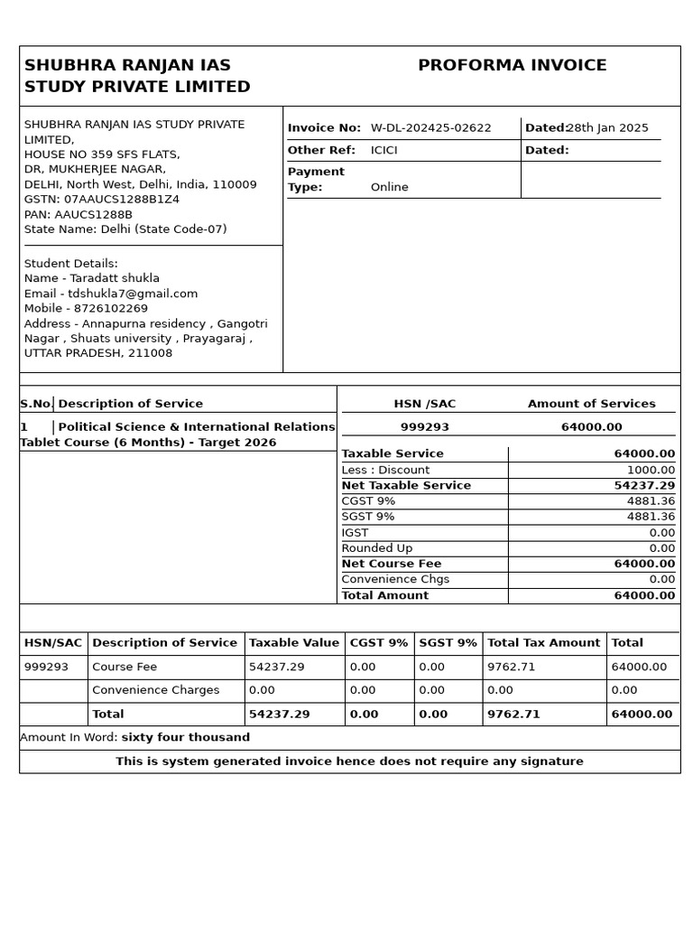 Shubhra Ranjan Ias Study Private Limited Proforma Invoice | PDF