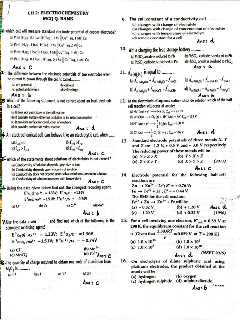Ch 2 Electrochemistry Obj QBank | PDF