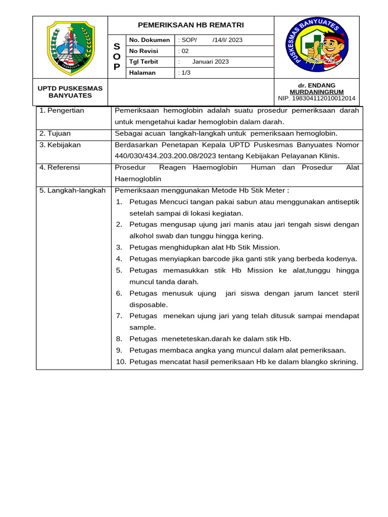 Prosedur Pemeriksaan Hemoglobin Hb Stik | PDF