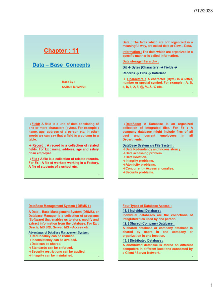 CH - 11 - Data Base Concepts | PDF | Relational Database | Databases