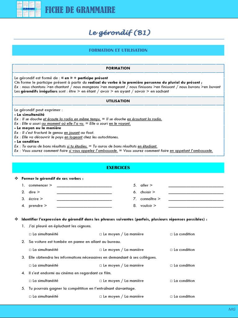 Fiche Gérondif + exercices | PDF