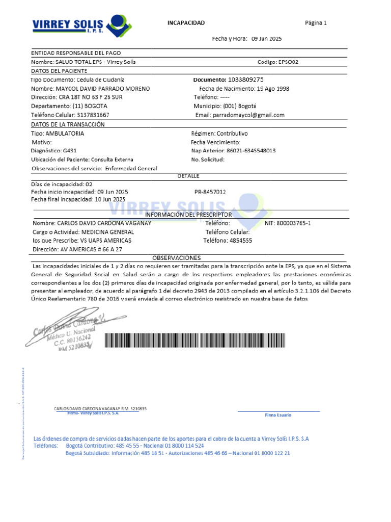 Incapacidad Maycol 09 Jun 2025 | PDF